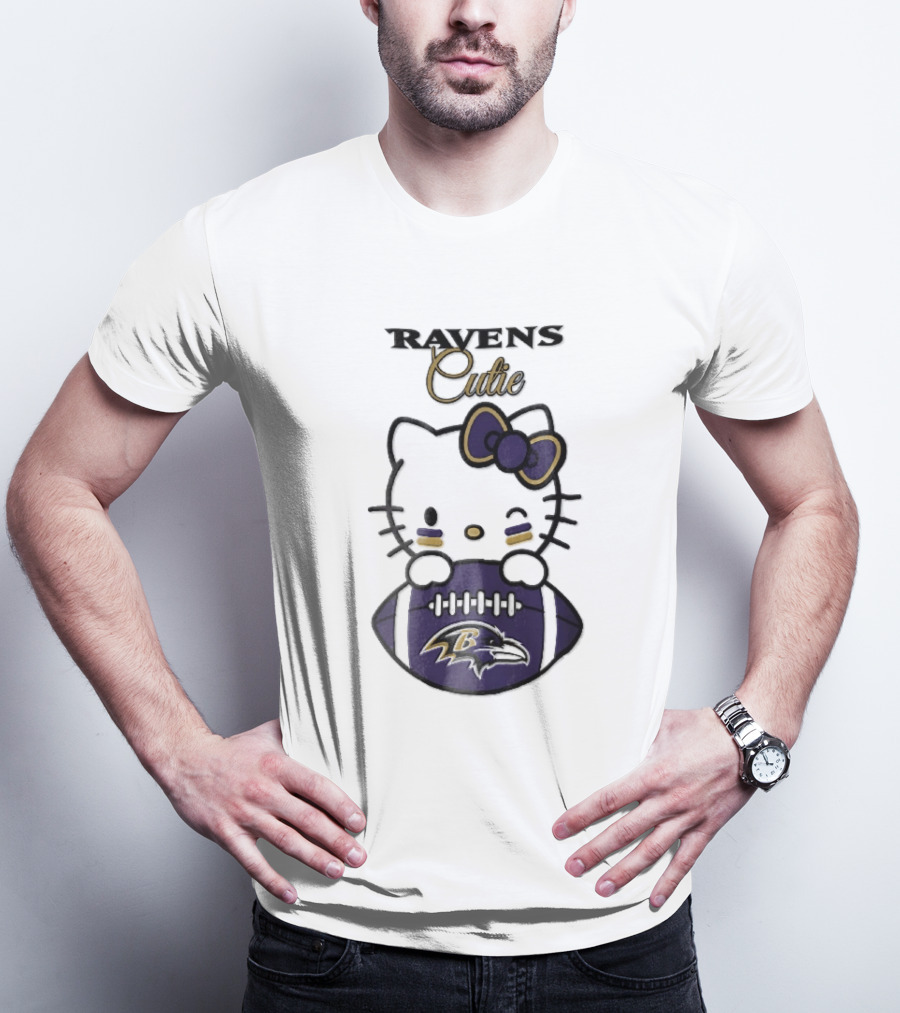 Ravens Cutie Hello Kitty Winking Holding Football T-Shirt