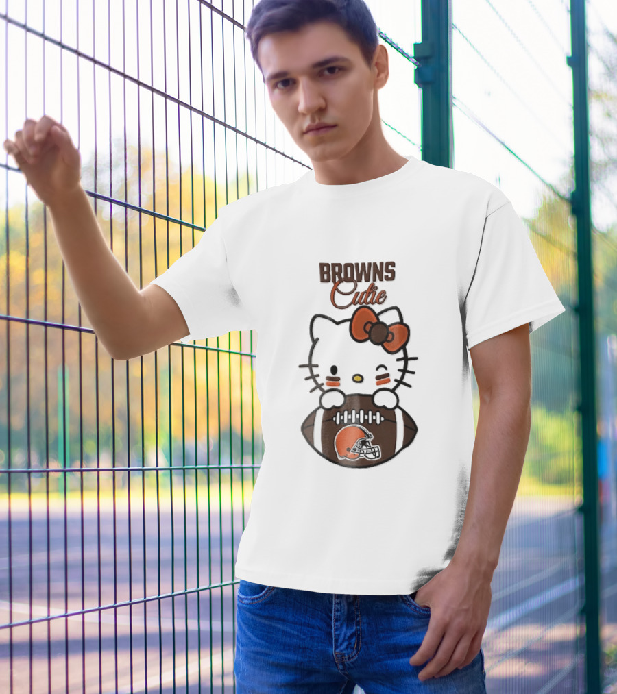 Browns Cutie Winking Cartoon Cat Bow Football T-Shirt