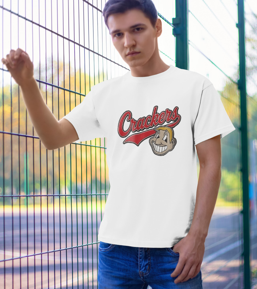 Crackers Cartoon Caricature Blonde Man Big Teeth Smile Red Script T-Shirt