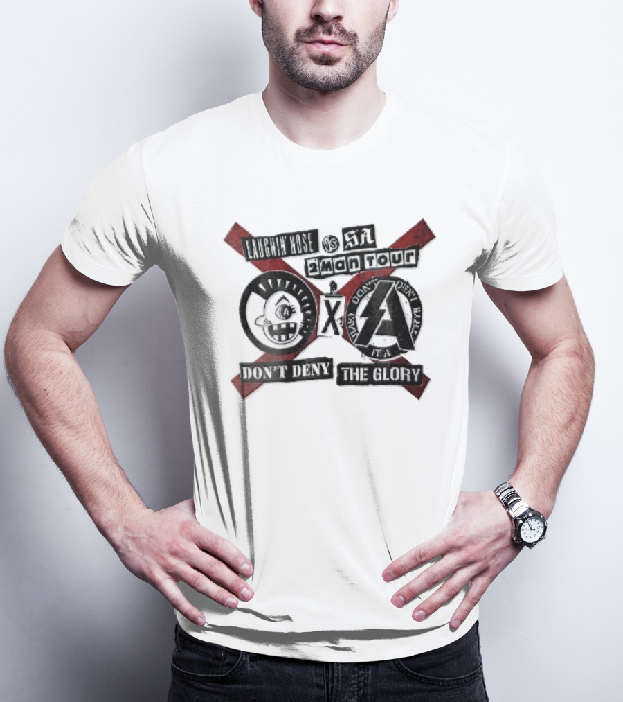 Laughin Nose SA Vs 2 Man Tour Don't Deny The Glory Punk Cartoon Face Red X Distressed Collage T-Shirt