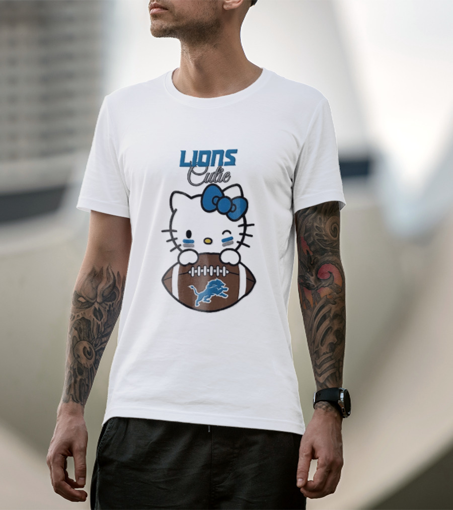 Detroit Lions Cute Cartoon Cat With Blue Bow Face Paint Football T-Shirt