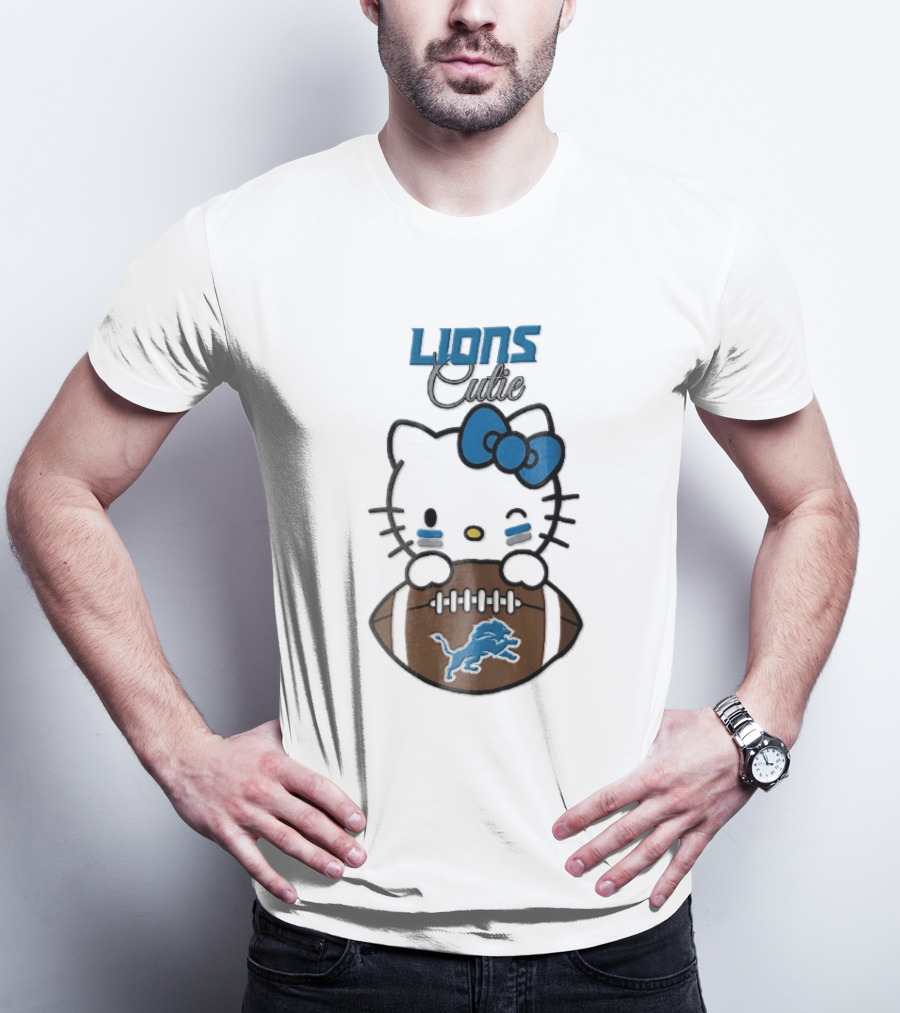 Detroit Lions Cute Cartoon Cat With Blue Bow Face Paint Football T-Shirt