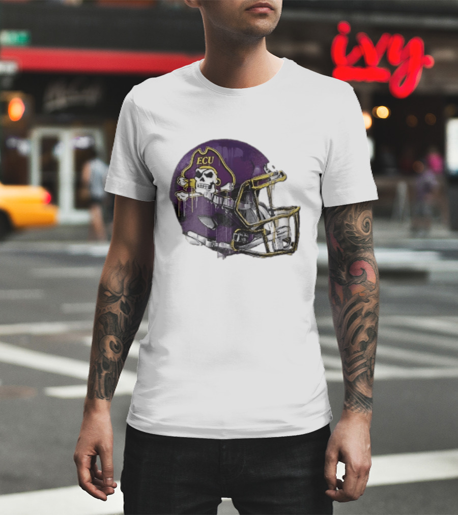 ECU Pirates Purple Helmet Dripping Paint Football NCAA Pd Moreno T-Shirt