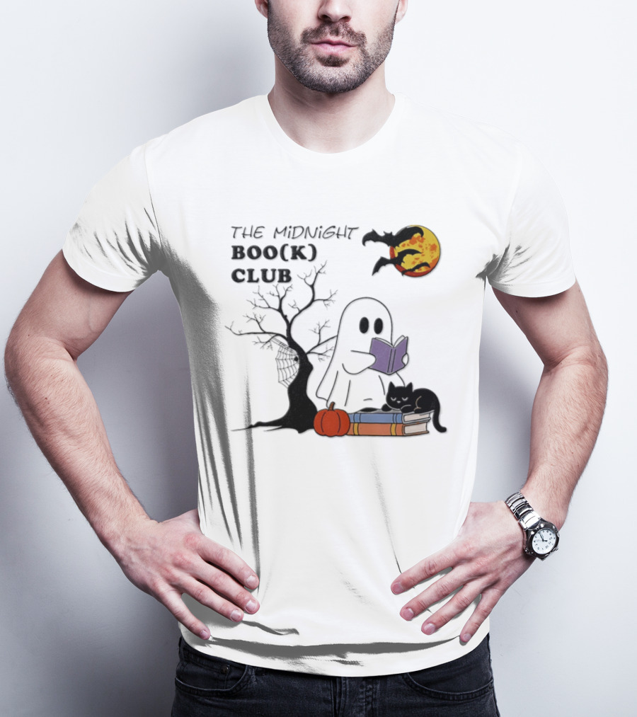 The Midnight Boo(k) Club Halloween Ghost Cat Pumpkin Moon T-Shirt