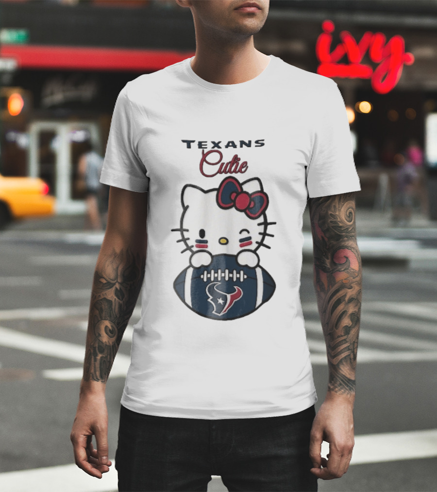 Texans Cutie Cartoon Cat Red Bow Winking Football T-Shirt