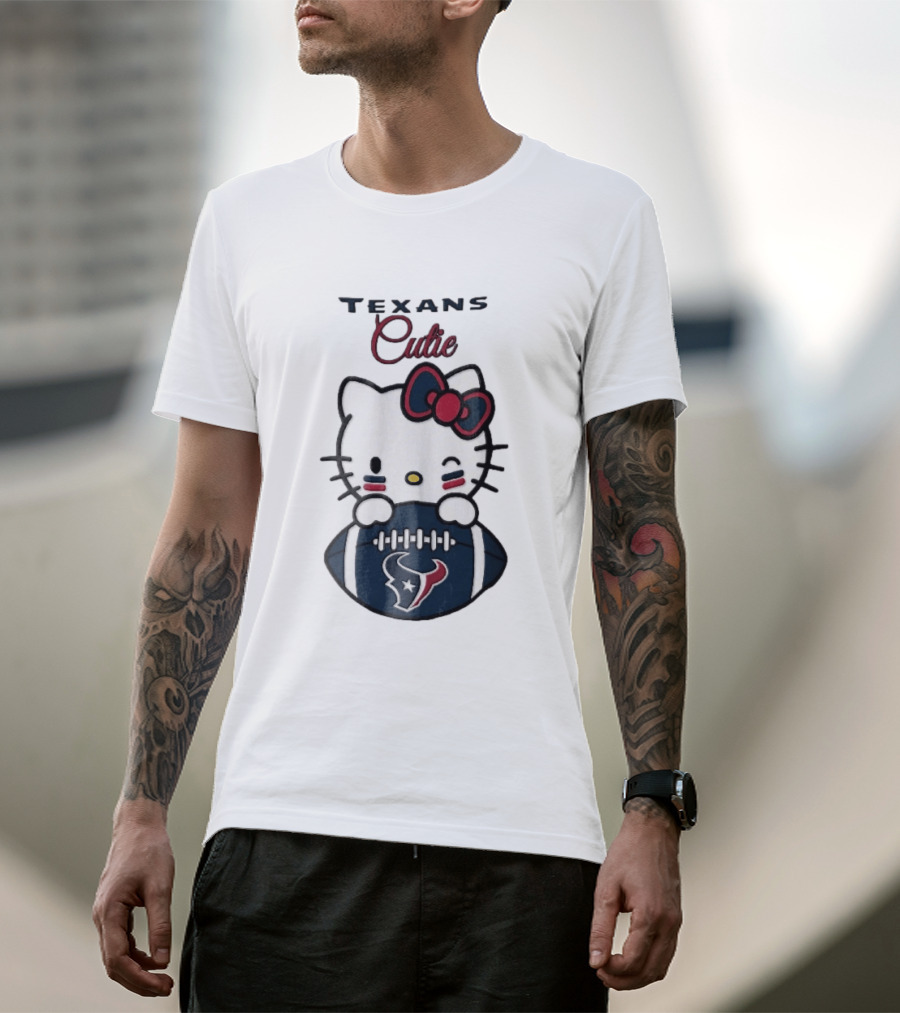 Texans Cutie Cartoon Cat Red Bow Winking Football T-Shirt