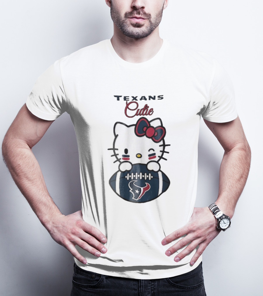 Texans Cutie Cartoon Cat Red Bow Winking Football T-Shirt