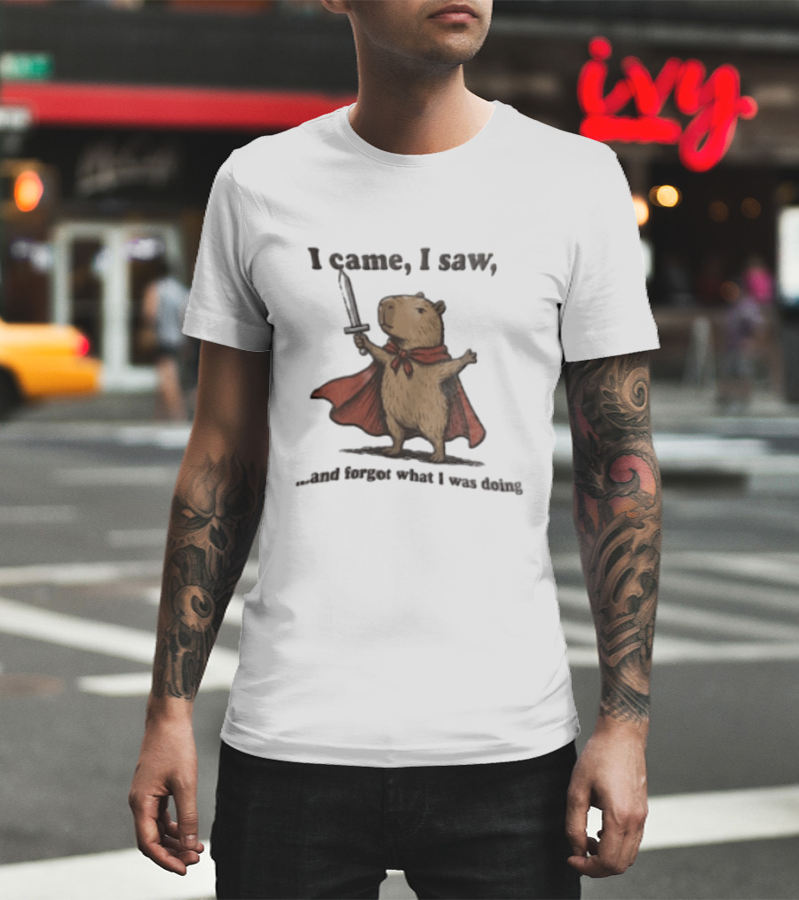 I Came I Saw Capybara Wearing Red Cape Holding Sword Forgot What I Was Doing T-Shirt