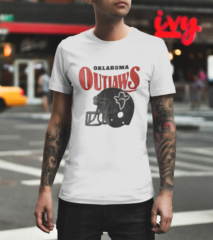 Oklahoma Outlaws Distressed Black Helmet Masked Bandit 2025 T-Shirt