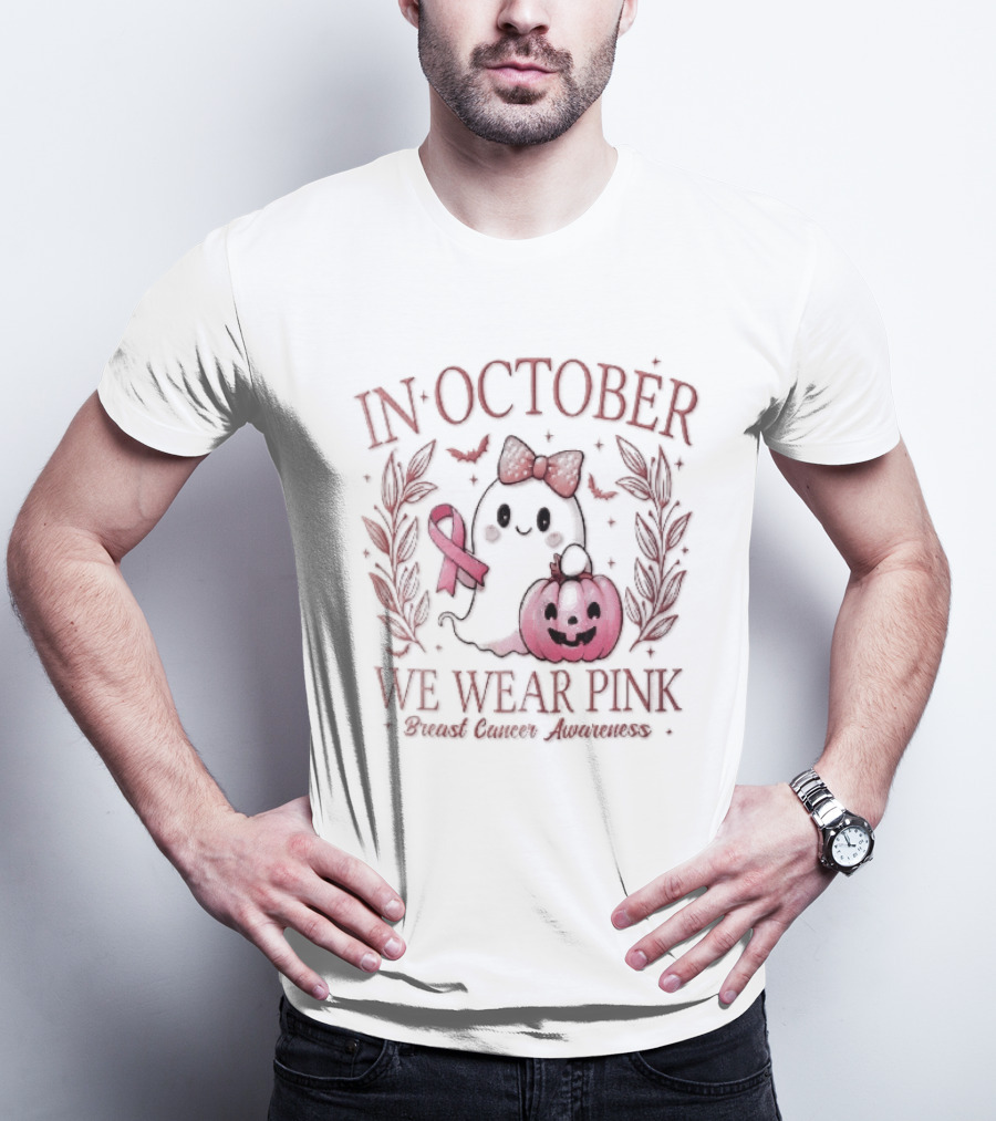 In October We Wear Pink Breast Cancer Awareness Ghost Bow Ribbon Pumpkin T-Shirt
