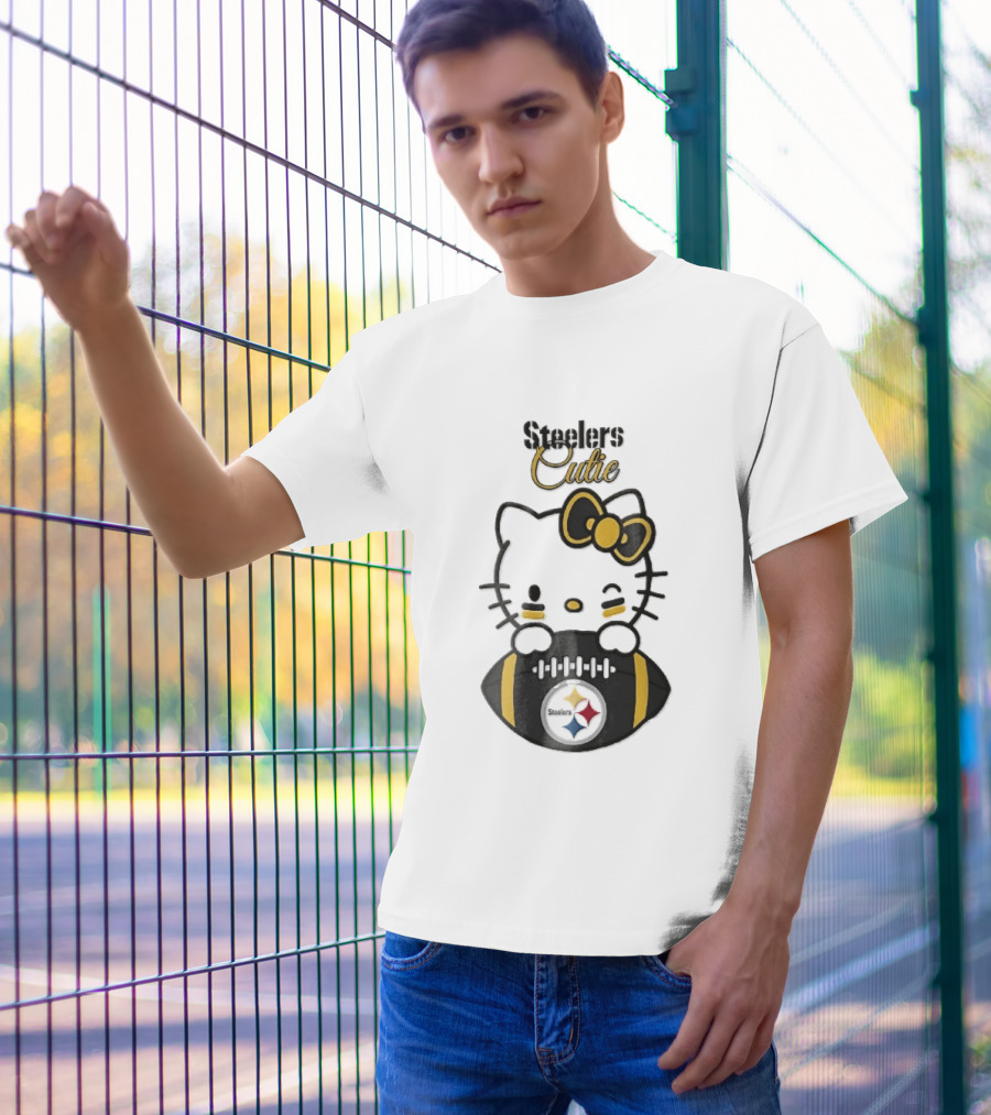 Steelers Cutie Winking Cartoon Cat Bow Football T-Shirt