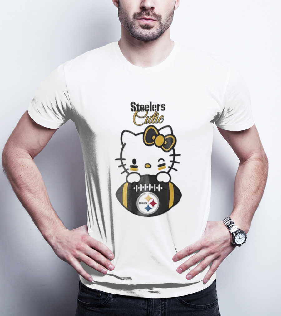 Steelers Cutie Winking Cartoon Cat Bow Football T-Shirt