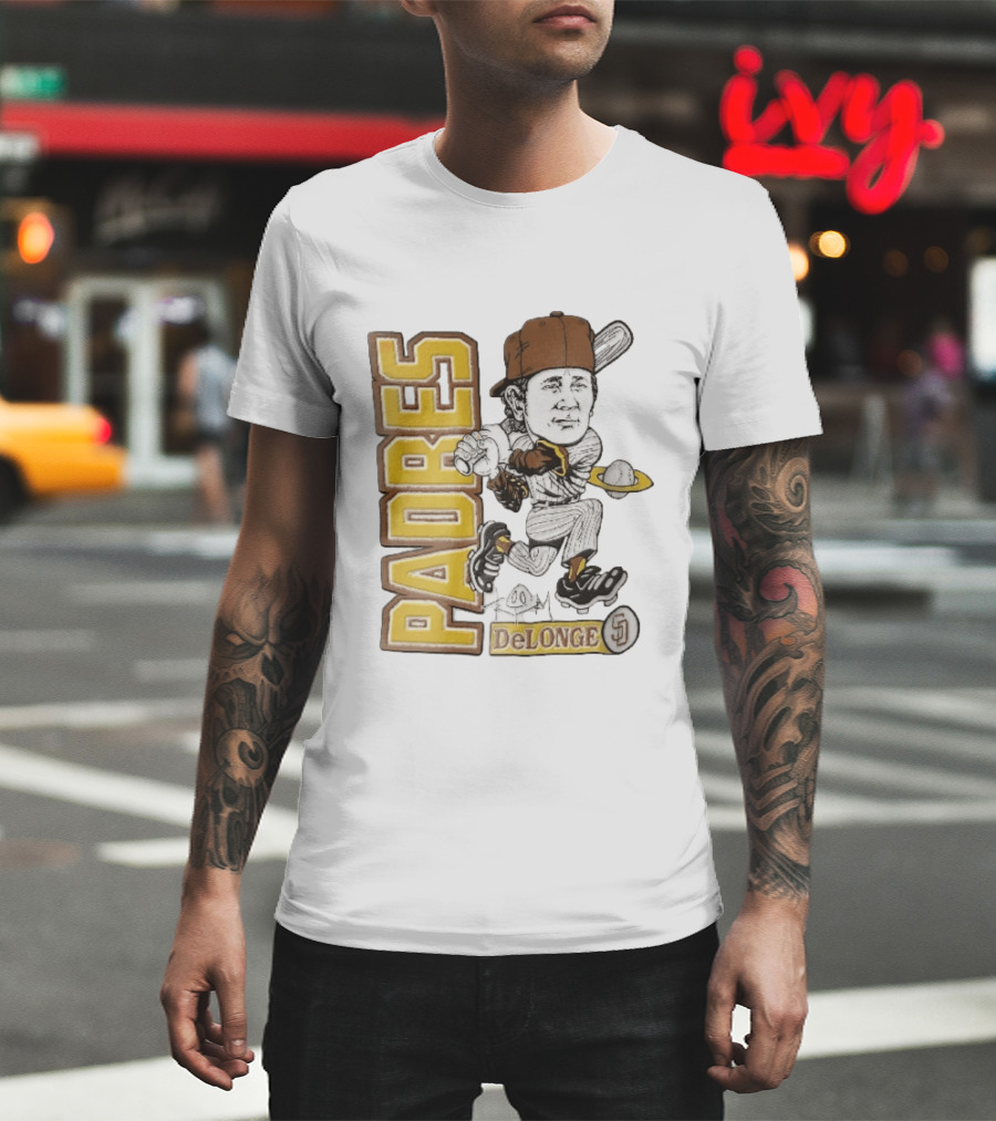 San Diego Padres DeLonge Cartoon Caricature Batter With Orbit Baseball T-Shirt