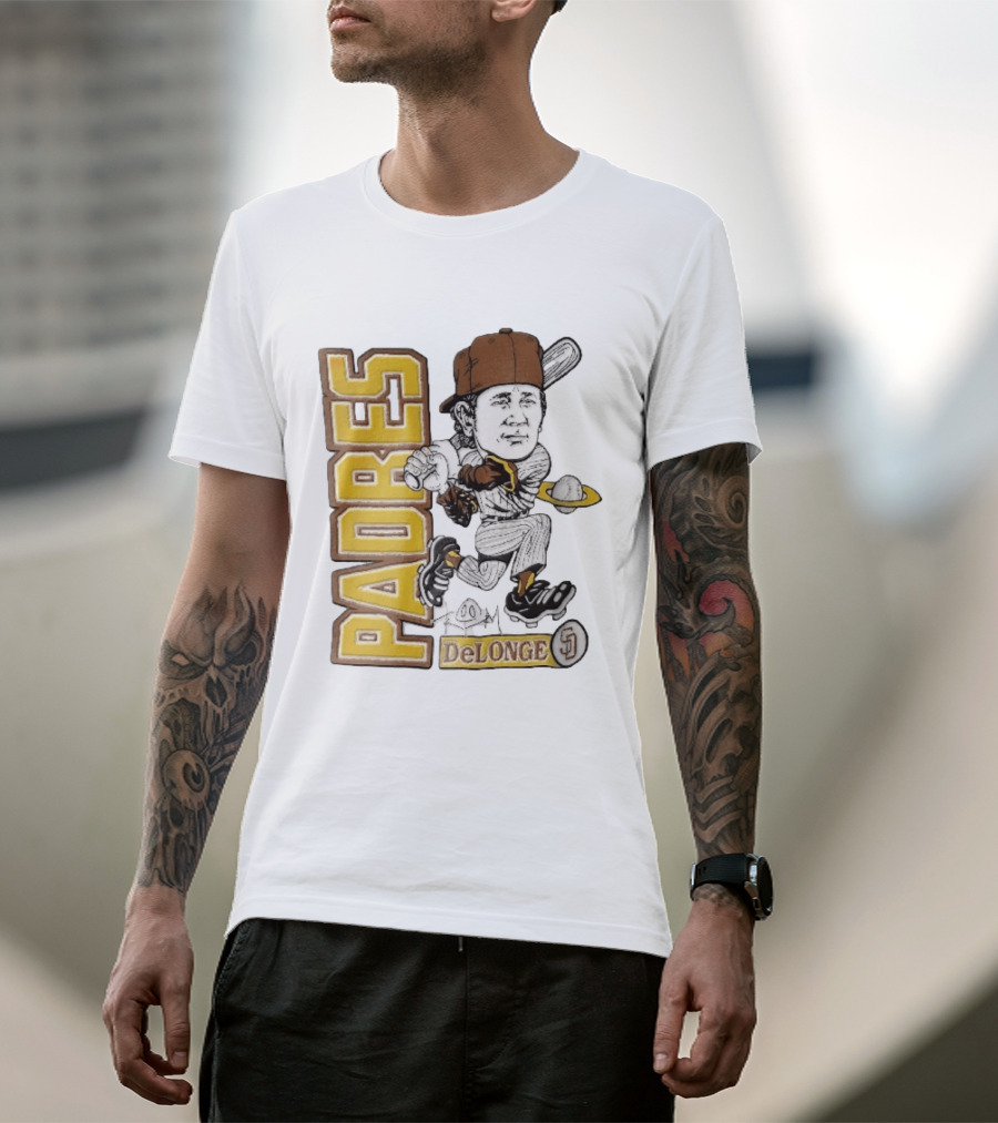San Diego Padres DeLonge Cartoon Caricature Batter With Orbit Baseball T-Shirt