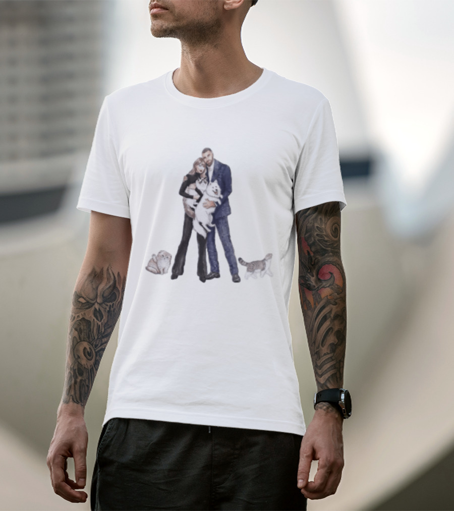 Taylor And Travis Cat Dog Illustration With Couple And Pets T-Shirt