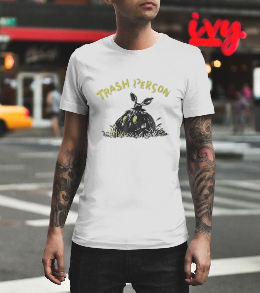 Trash Person Black Bag Creature Glowing Yellow Eyes Grass Monster T-Shirt