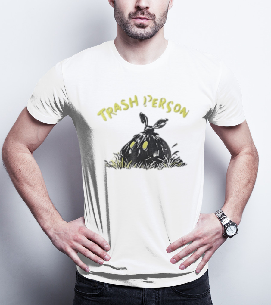 Trash Person Black Bag Creature Glowing Yellow Eyes Grass Monster T-Shirt