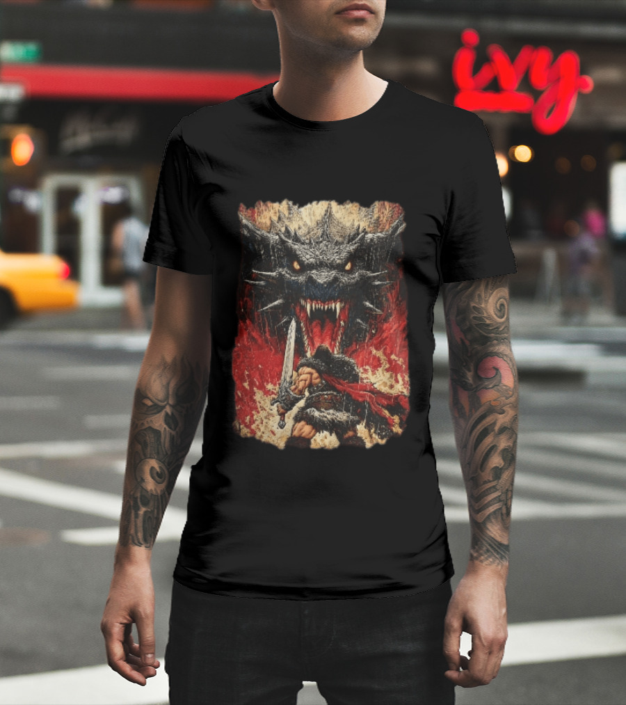 Barbarian Warrior Sword Battle Roaring Dragon Fiery Flames Art Ink Line T-Shirt