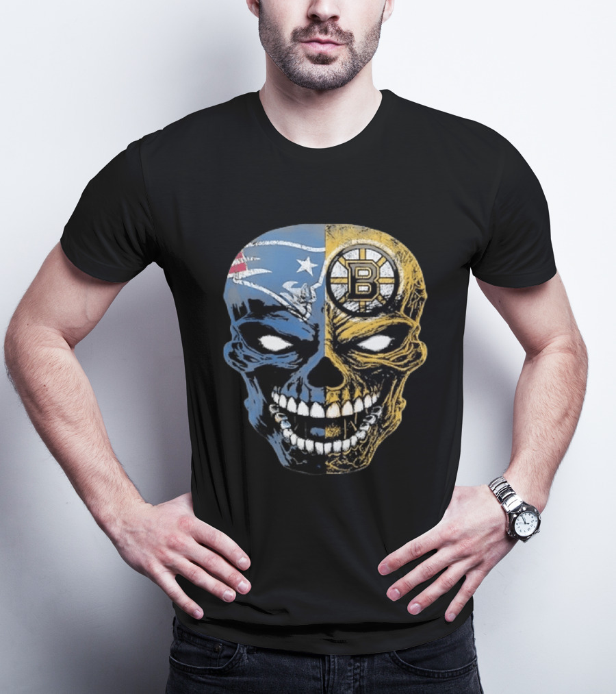 Boston Sports Skull New England Patriots Boston Bruins Fan Fusion T-Shirt