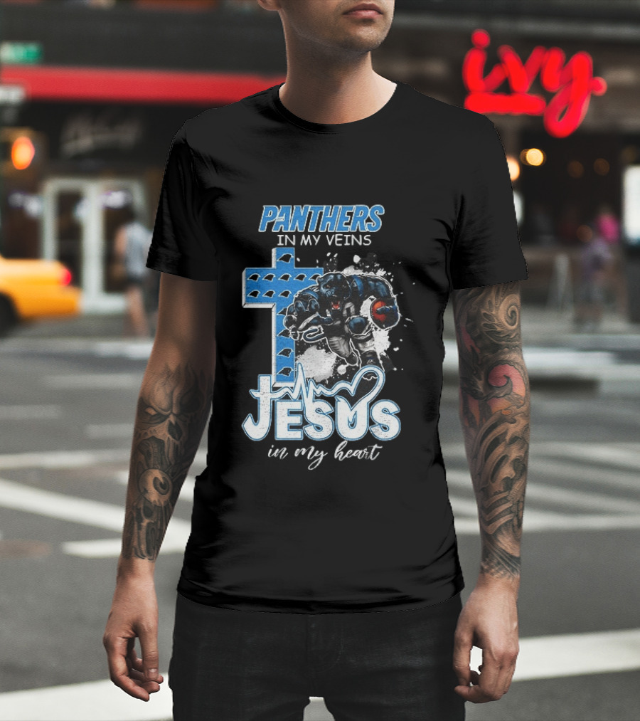 Panthers In My Veins Jesus In My Heart Carolina Football Athlete Cross T-Shirt