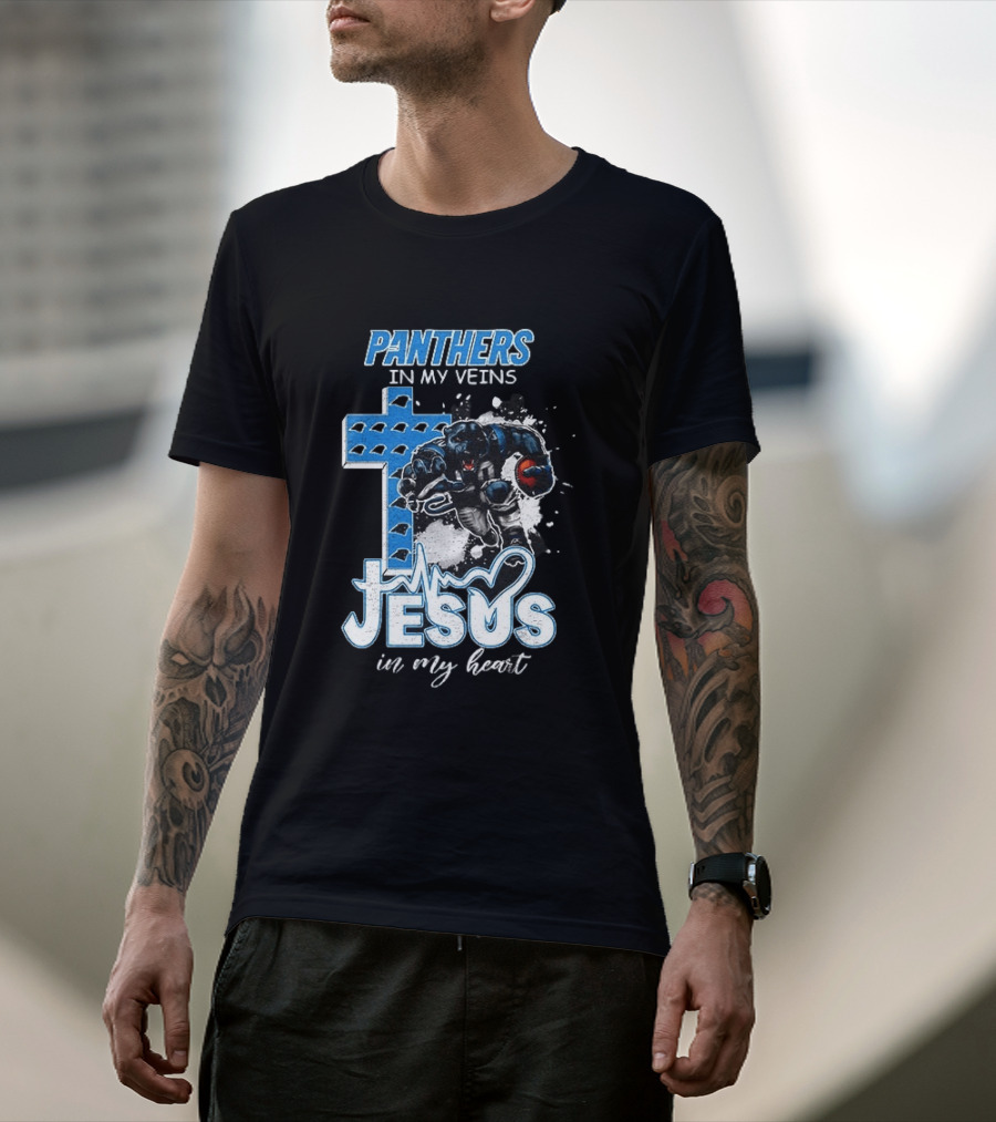 Panthers In My Veins Jesus In My Heart Carolina Football Athlete Cross T-Shirt
