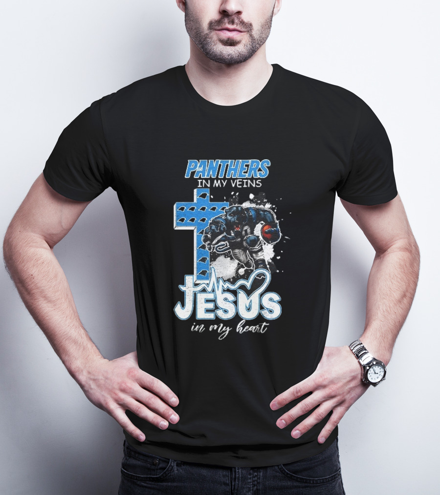 Panthers In My Veins Jesus In My Heart Carolina Football Athlete Cross T-Shirt