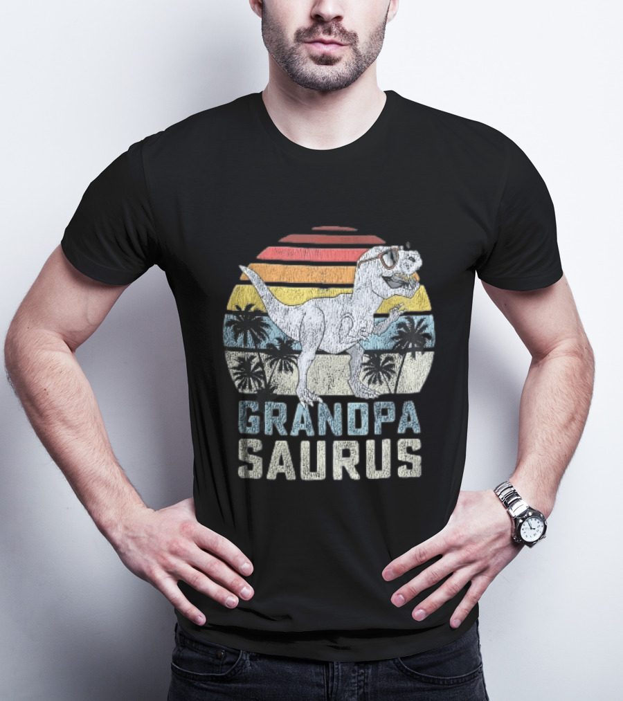Grandpa Saurus Dinosaur Sunglasses Sunset Palms T-Shirt