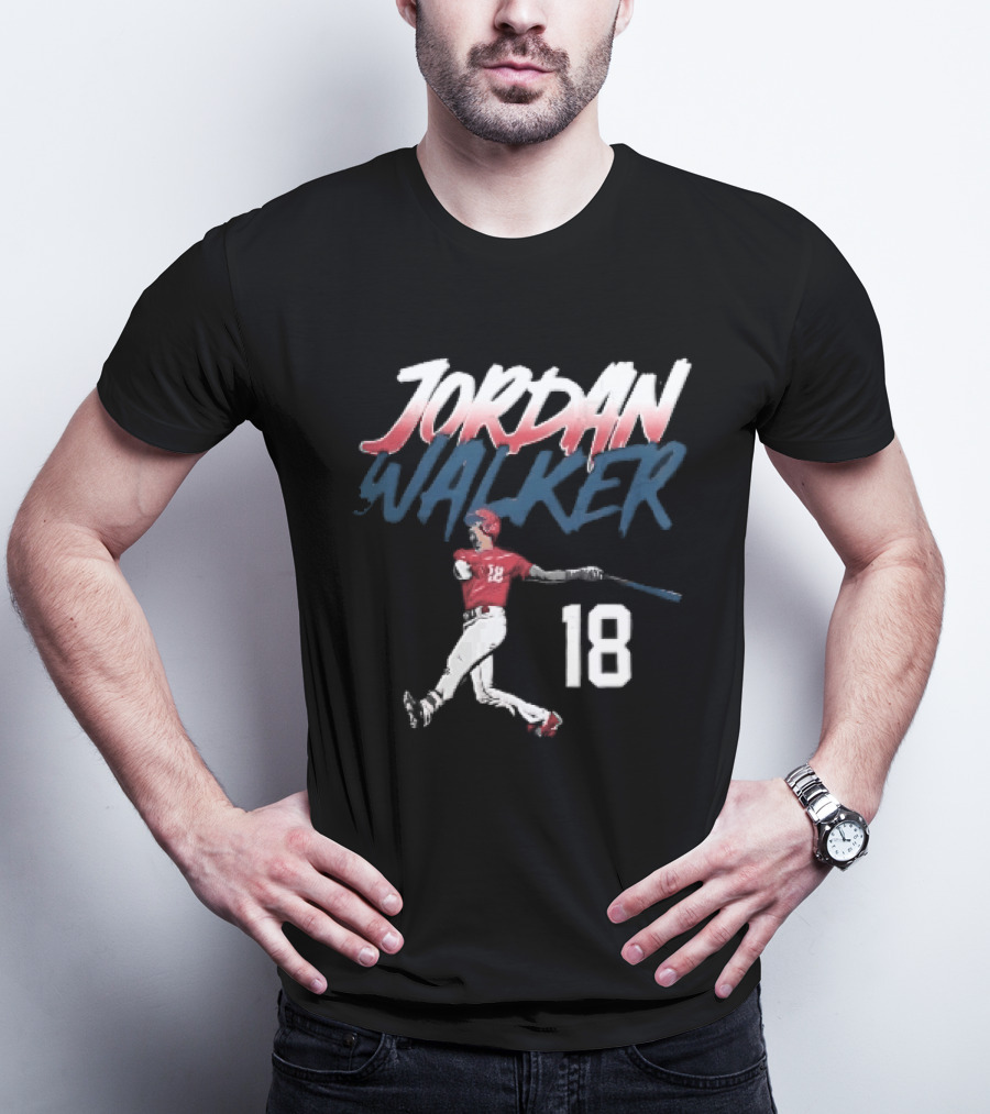 Jordan Walker 18 Baseball Red Uniform Swinging Bat Brush Lettering T-Shirt