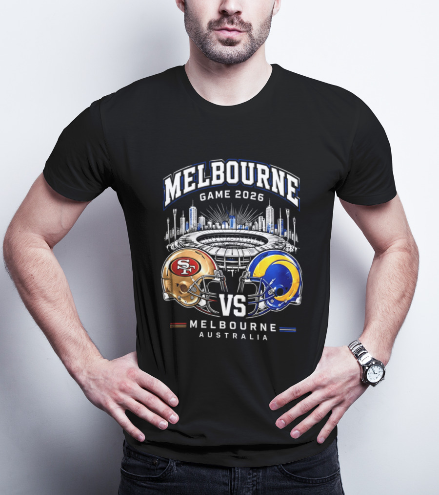 Melbourne Game 2026 San Francisco 49ers Vs Los Angeles Rams Australia Helmets T-Shirt