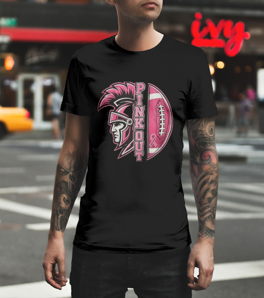 Maroa Forsyth Trojans Pink Out Football Helmet Breast Cancer Awareness Ribbon T-Shirt