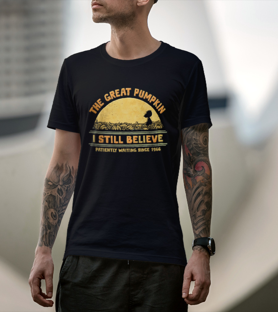 The Great Pumpkin I Still Believe Patiently Waiting Since 1966 Yellow Moon Snoopy Silhouette Distressed T-Shirt