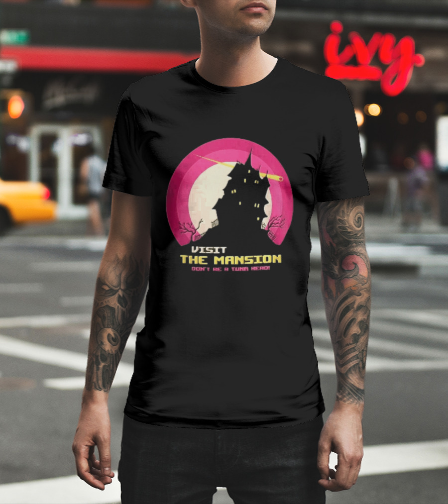 Visit The Mansion Don't Be A Tuna Head Pixel Spooky House Moon Skeleton Trees Yellow Meteor T-Shirt