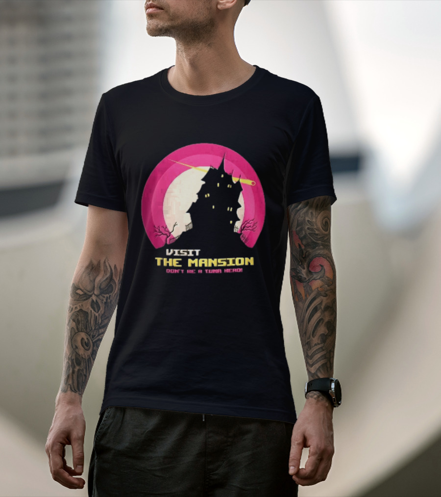 Visit The Mansion Don't Be A Tuna Head Pixel Spooky House Moon Skeleton Trees Yellow Meteor T-Shirt