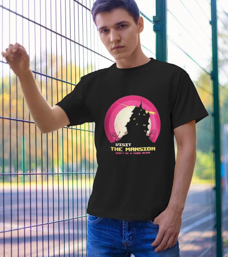 Visit The Mansion Don't Be A Tuna Head Pixel Spooky House Moon Skeleton Trees Yellow Meteor T-Shirt