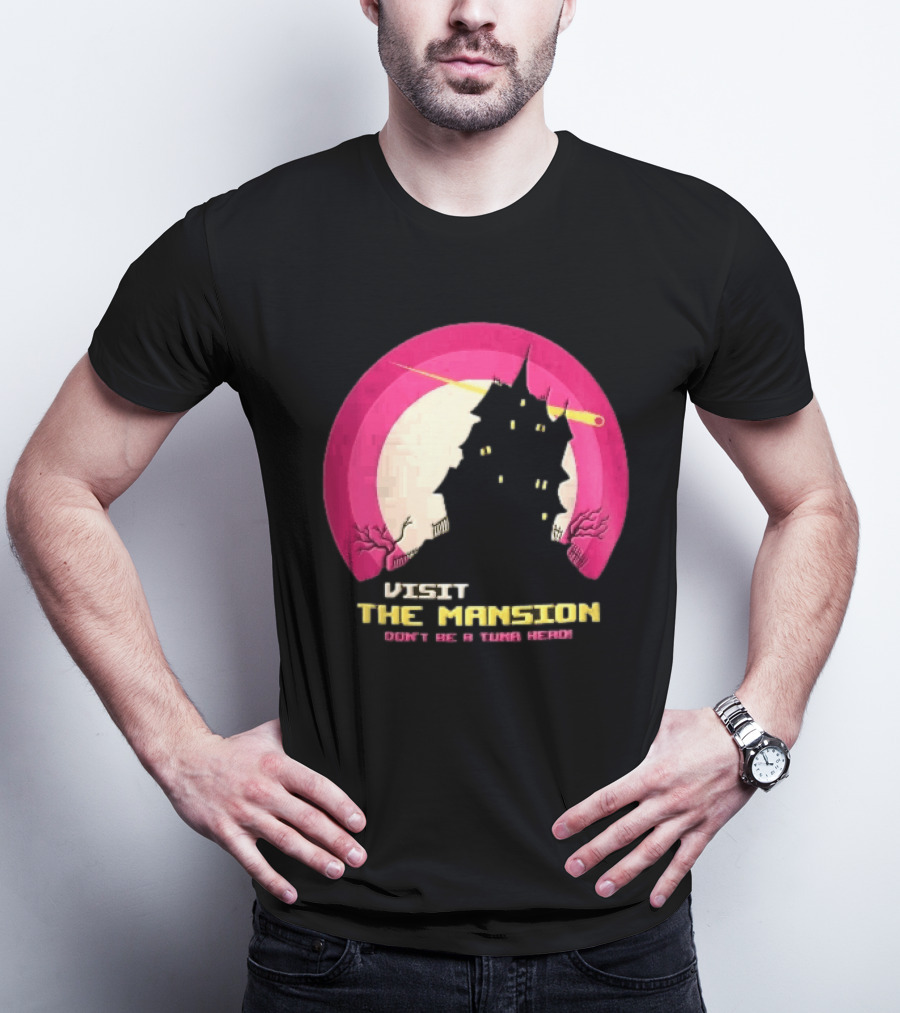 Visit The Mansion Don't Be A Tuna Head Pixel Spooky House Moon Skeleton Trees Yellow Meteor T-Shirt