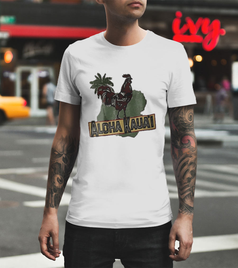 Aloha Kauai Red Rooster Palm Tree Island Map T-Shirt