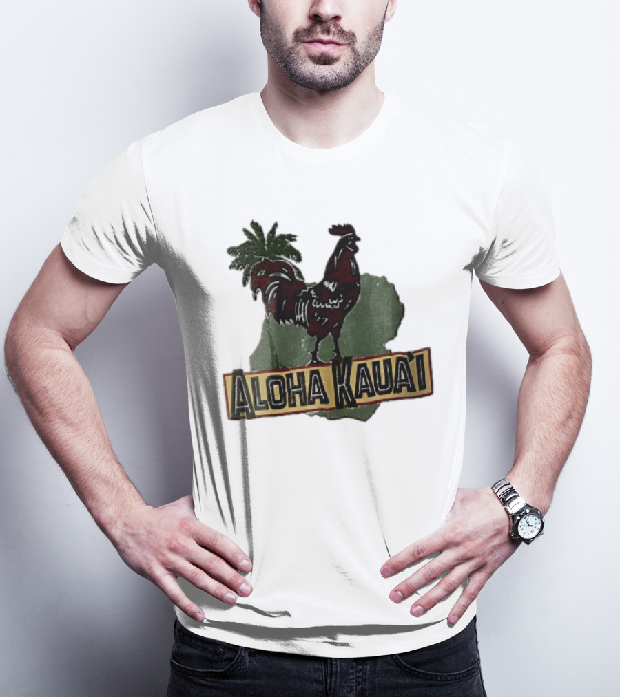 Aloha Kauai Red Rooster Palm Tree Island Map T-Shirt