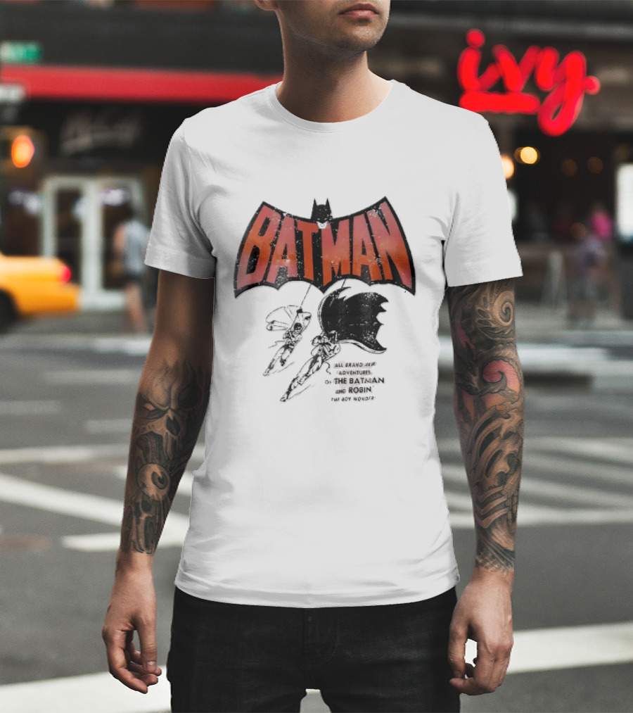 Batman All Brand New Adventures The And Robin Boy Wonder Distressed Line Swinging Capes T-Shirt