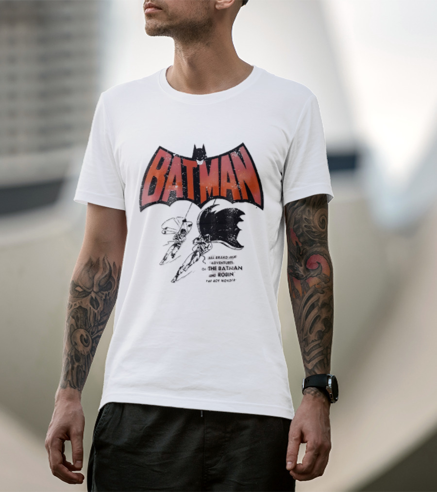 Batman All Brand New Adventures The And Robin Boy Wonder Distressed Line Swinging Capes T-Shirt