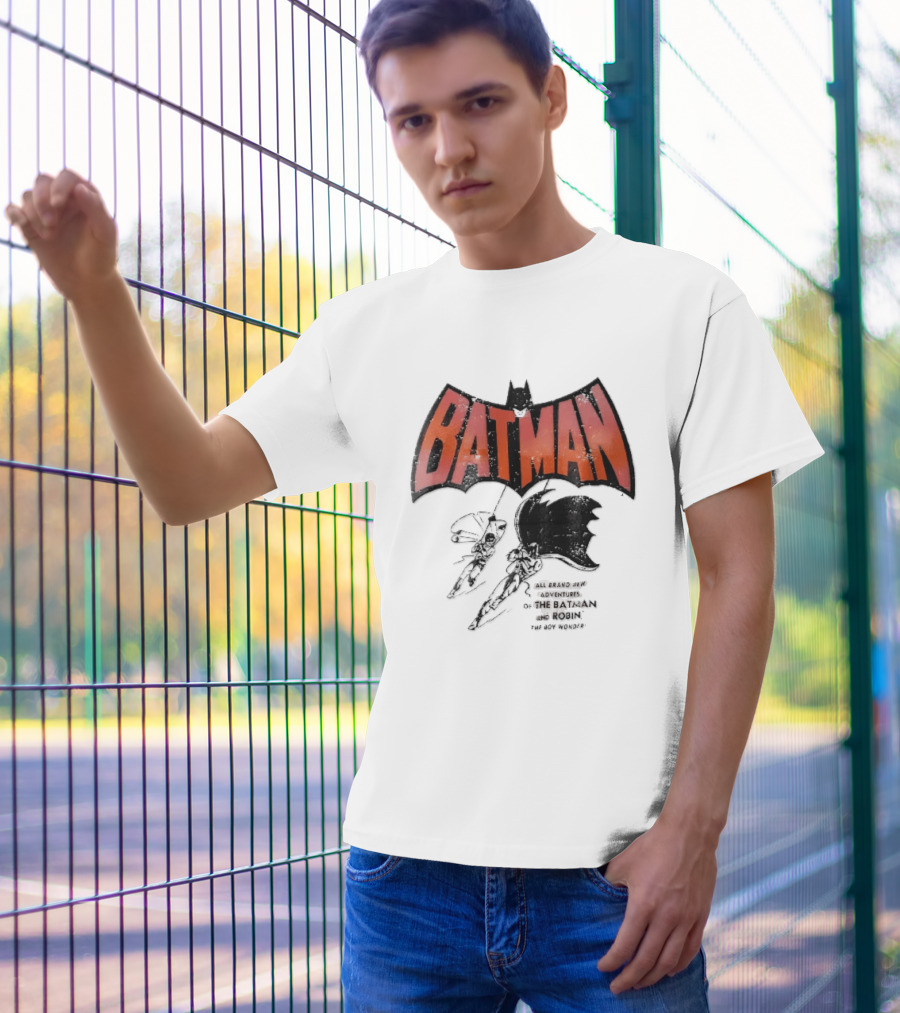 Batman All Brand New Adventures The And Robin Boy Wonder Distressed Line Swinging Capes T-Shirt