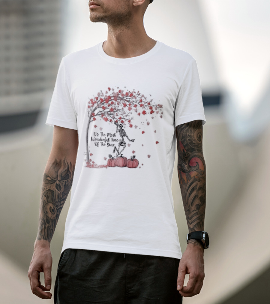 It's The Most Wonderful Time Of Year Dancing Skeleton Autumn Tree Pumpkins T-Shirt