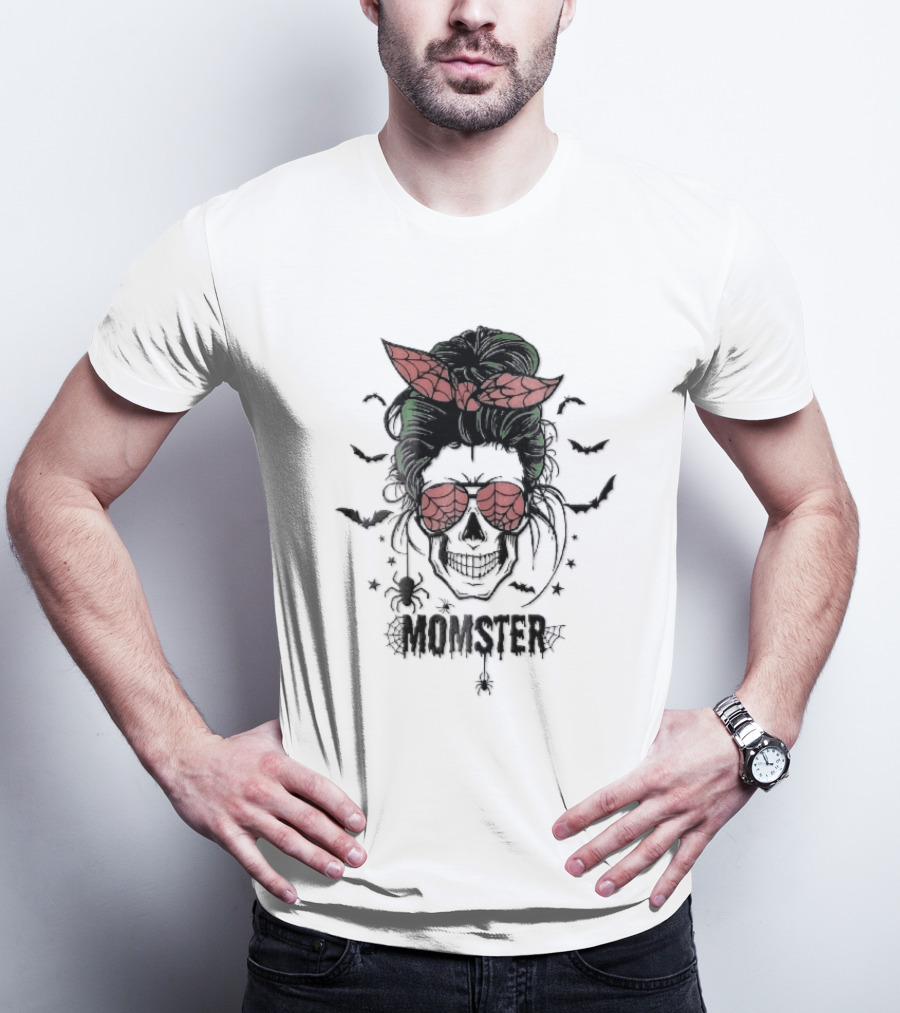 Momster Cartoon Skull Green Messy Bun Spiderweb Glasses T-Shirt