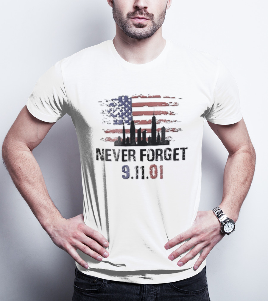 Never Forget 9 11 01 Distressed American Flag NYC Skyline T-Shirt