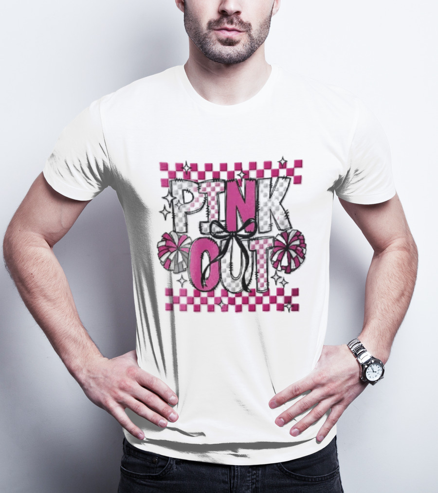 Pink Out Checkerboard Cheerleader Pom Poms Black Ribbon Bow Sparkles T-Shirt