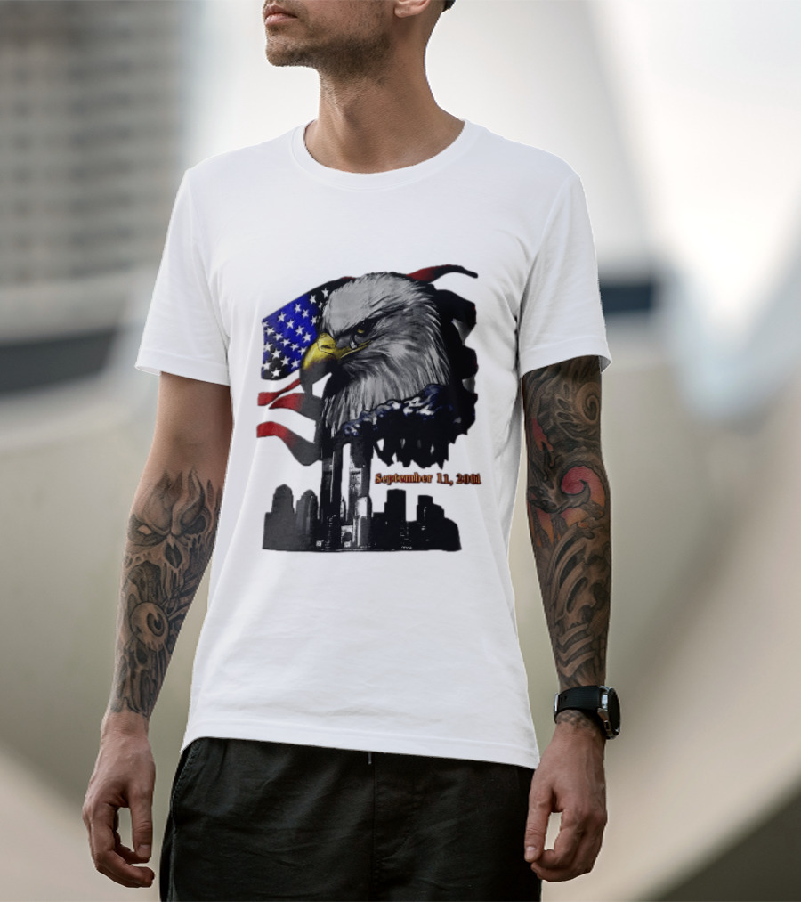 September 11 2001 Twin Towers New York Skyline Crying Bald Eagle American Flag T-Shirt