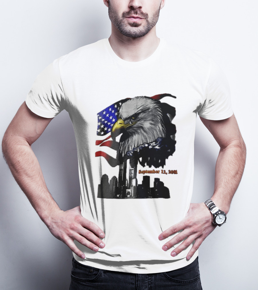 September 11 2001 Twin Towers New York Skyline Crying Bald Eagle American Flag T-Shirt