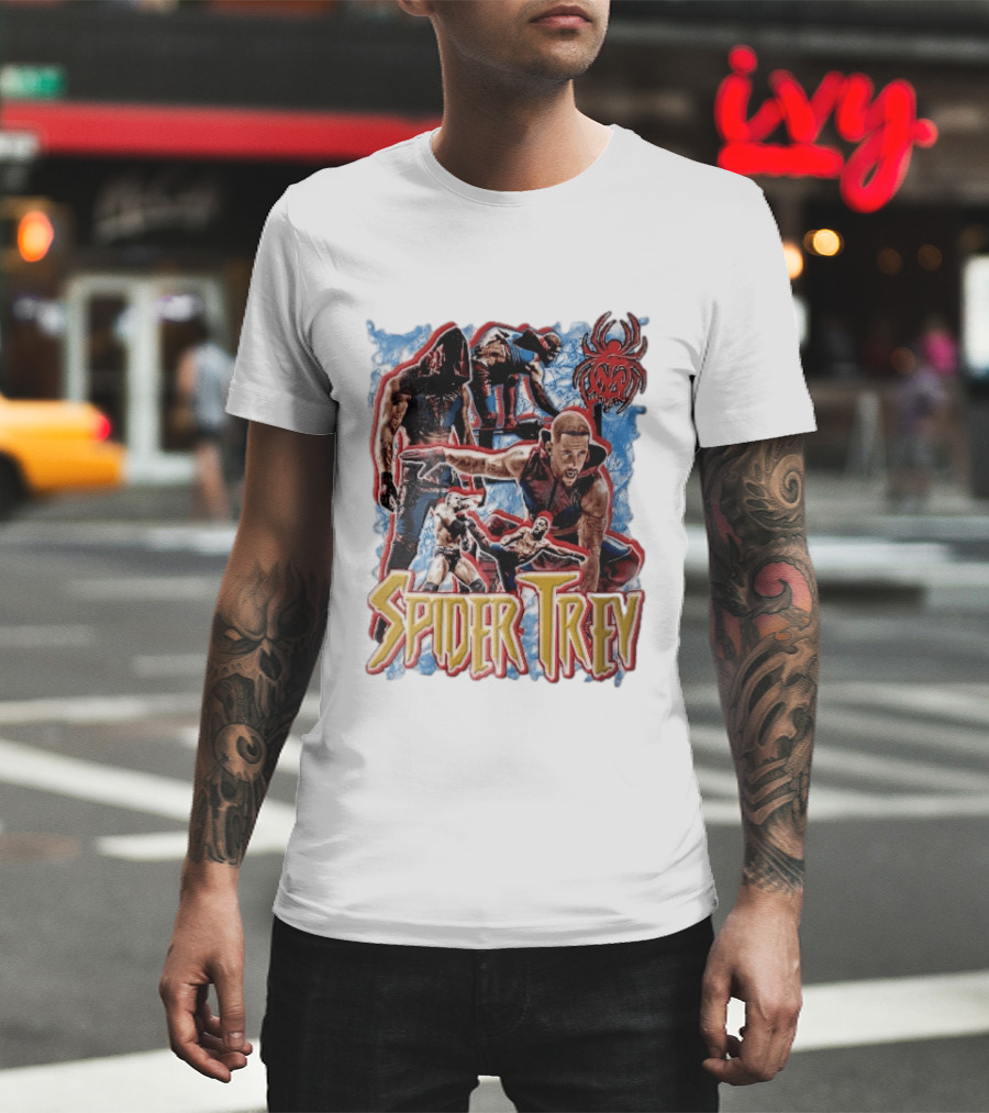 Spider Trey Professional Wrestler Action Collage With Blue Smoke And Red Spider T-Shirt