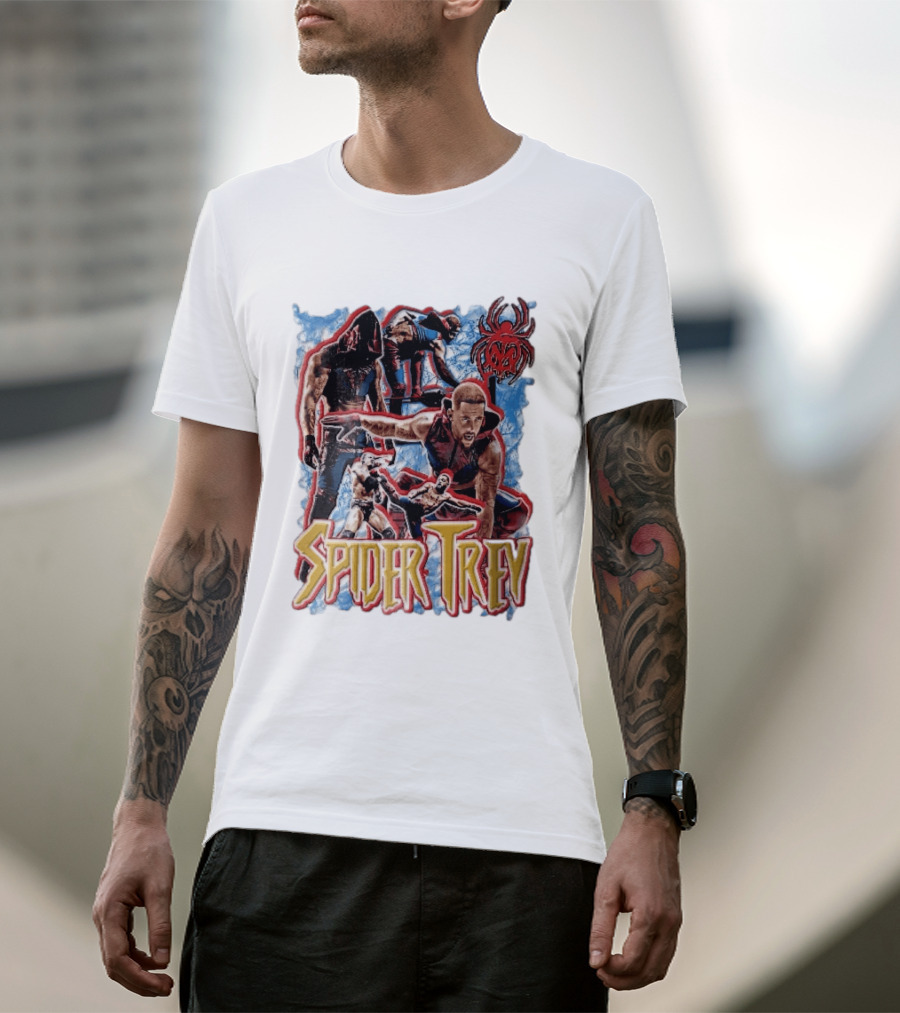 Spider Trey Professional Wrestler Action Collage With Blue Smoke And Red Spider T-Shirt