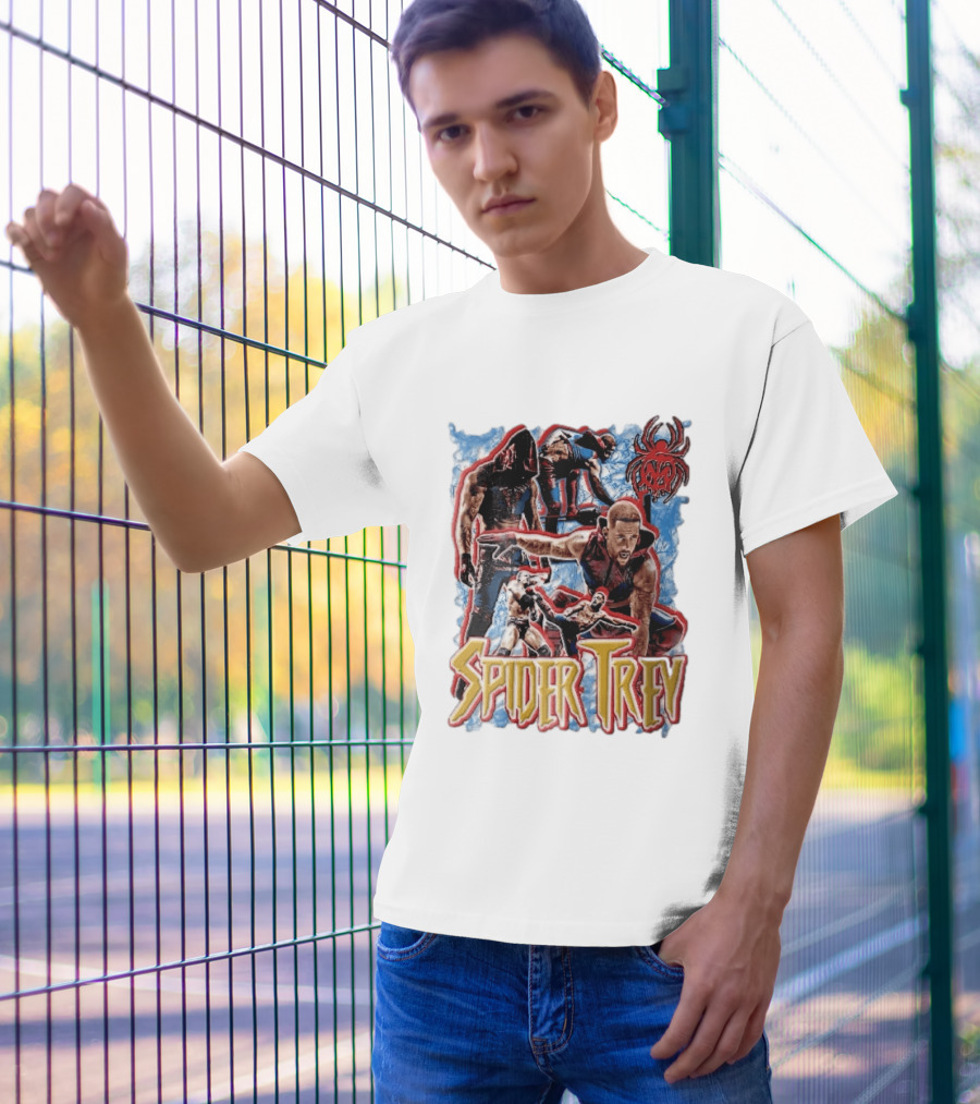 Spider Trey Professional Wrestler Action Collage With Blue Smoke And Red Spider T-Shirt