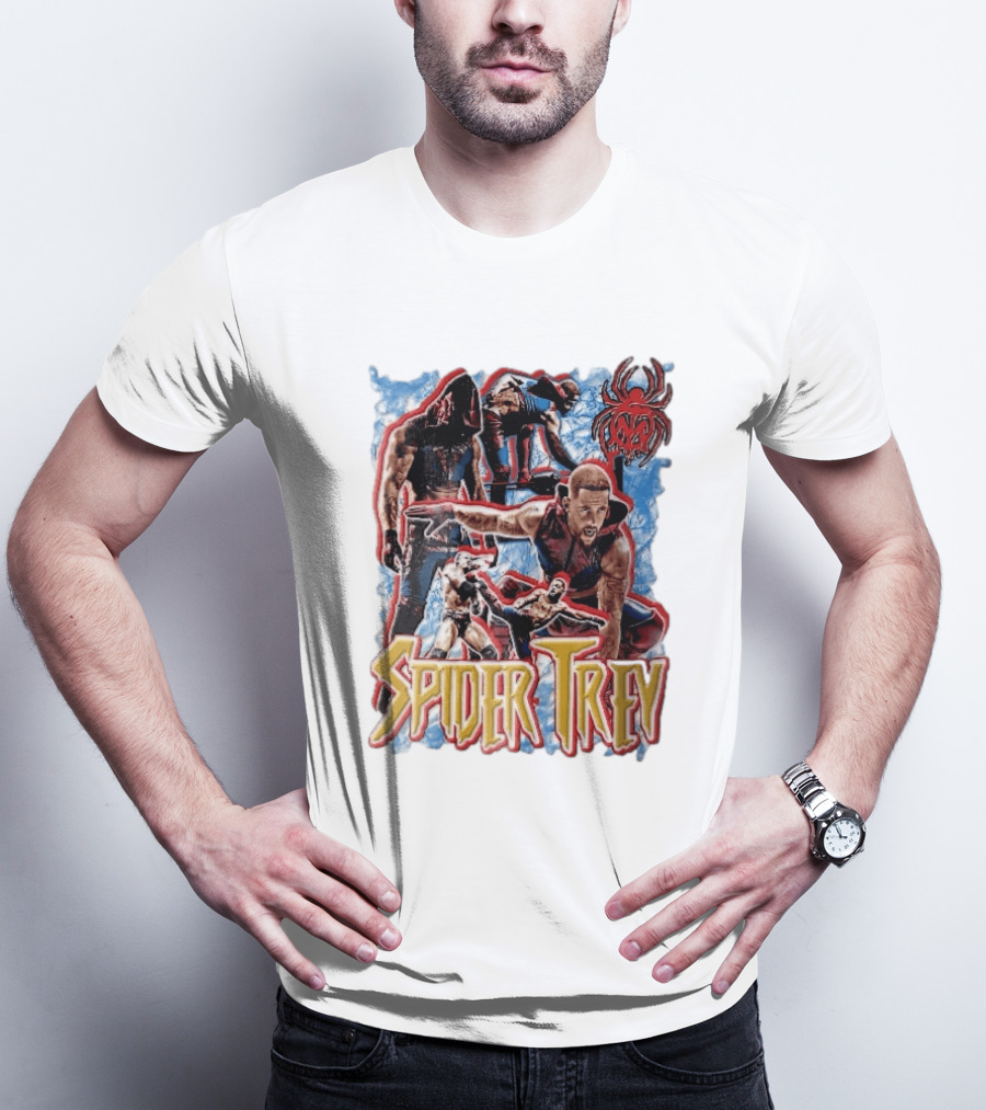 Spider Trey Professional Wrestler Action Collage With Blue Smoke And Red Spider T-Shirt